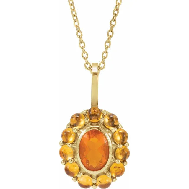 Oval Mexican Fire Opal & Citrine Halo Pendant Necklace Solid 14K Gold ...