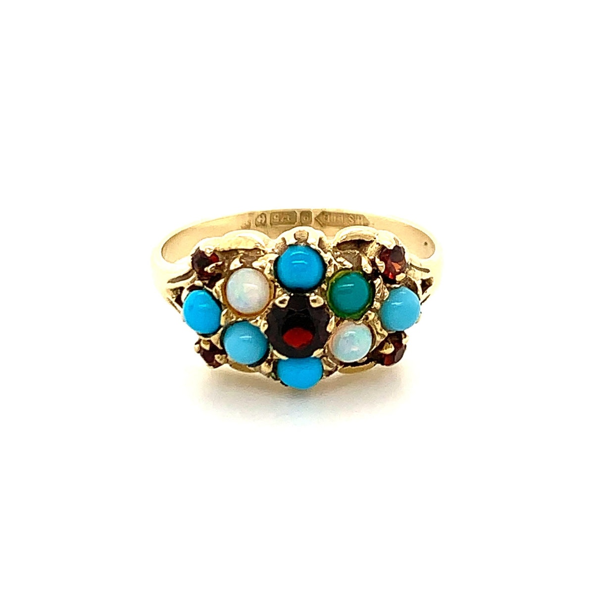 GUMBALL 9K GOLD TURQUOISE, GARNET, & OPAL RING– Vintage Magnality
